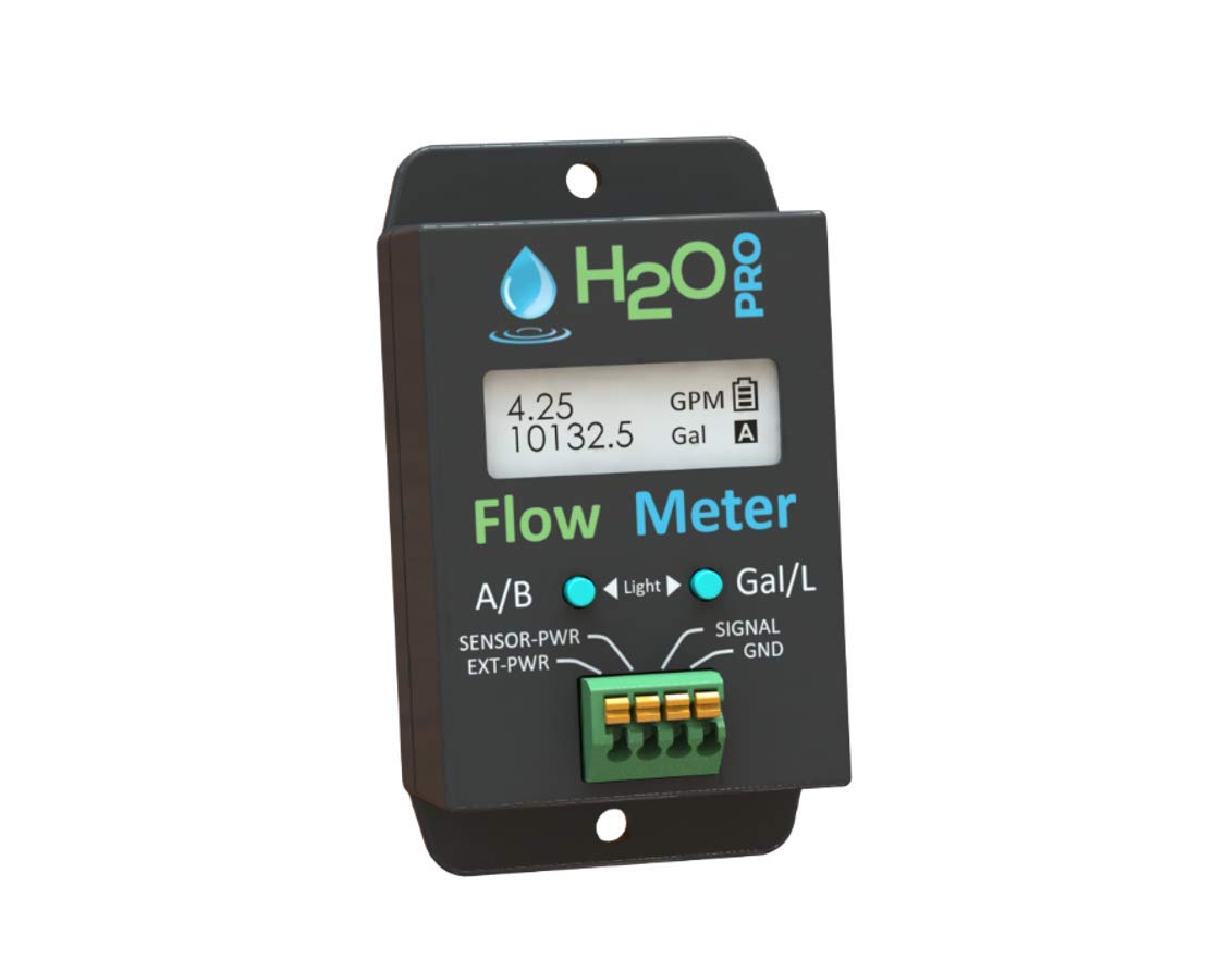 Flow Meter Including Flow Sensor, Digital Display, Flow and Accumulated Volume Measurements in Gallons or Liters, 2 AA Batteries or 1.8-5.5VDC External Power Supply, New! Longer Battery Life