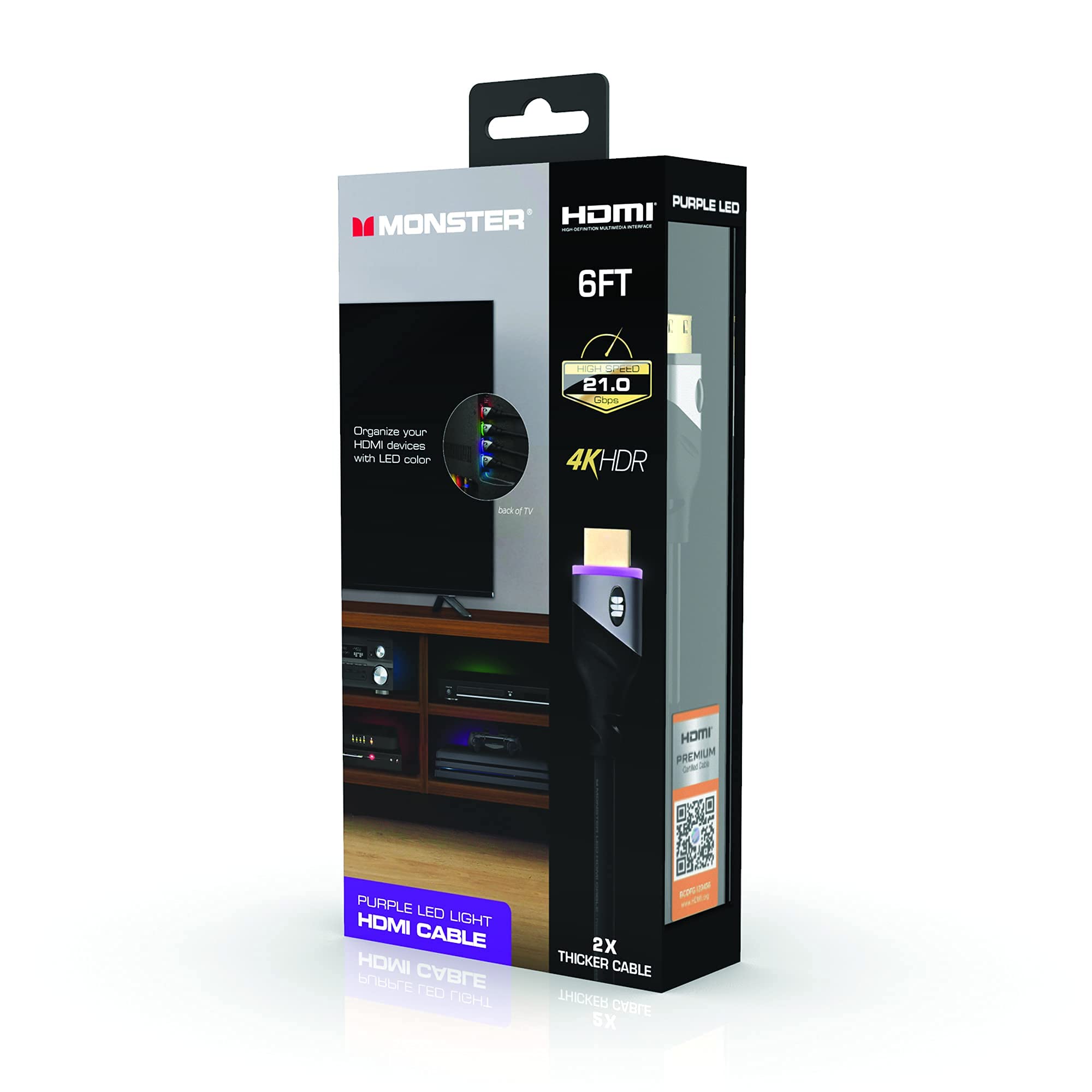 Monster 6ft High Speed 4K HDR Hdmi Cable with Built-in Purple Led Light, Gaming, Video, and Computer