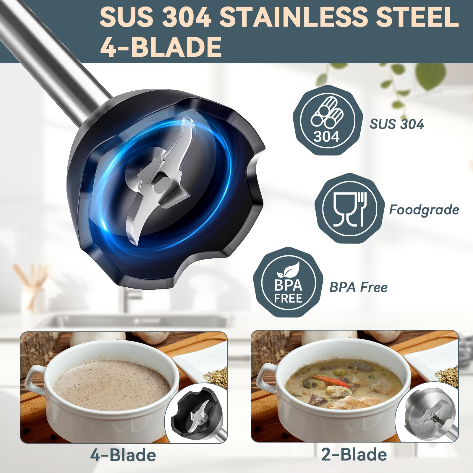 LINKChef 7 in 1 Immersion Blender Scratch Resistant, 2 Titanium Steel Blades 800W Hand Blender, 20 Speed and Turbo Mode Stick Blender Immersion with Whisk, Milk Frother, Food Processor, Beaker