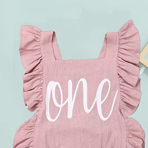 Puloru Baby Girl First Birthday Outfit ONE 1st Birthday Bodysuit Ruffle Romper with Headband Cake Smash Outfit (A Pink, 6-12 Months)