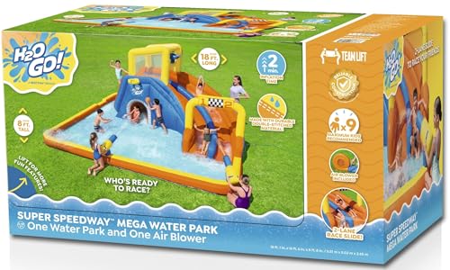 Bestway H2OGO! 18 x 16.5 x 8.7 Foot Super Double Racing Super Speedway Kids Inflatable Water Park with Air Blower, Ground Stakes, and Storage Bag
