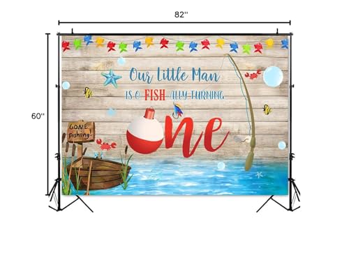 Mocsicka Gone Fishing Birthday Party Backdrop O-Fish-Ally 1st Birthday Party Decoration for Boy Rustic Wooden Cake Smash Photography Background (7x5ft)