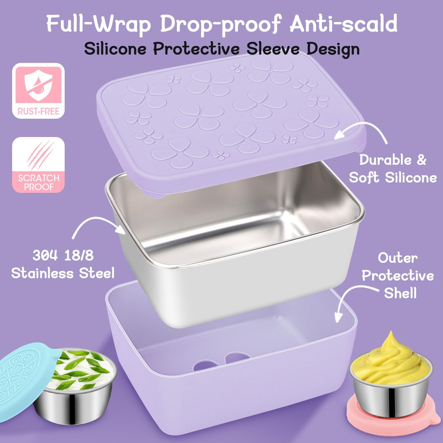 3PACK Stainless Steel Snack Containers Set,18.5OZ Metal Food Storage Container Leak Proof Snack Lunch Box with Silicone Lids [Full Protective Cover],Small Bento Boxes with 2x1.6OZ Sauce Cup-Green