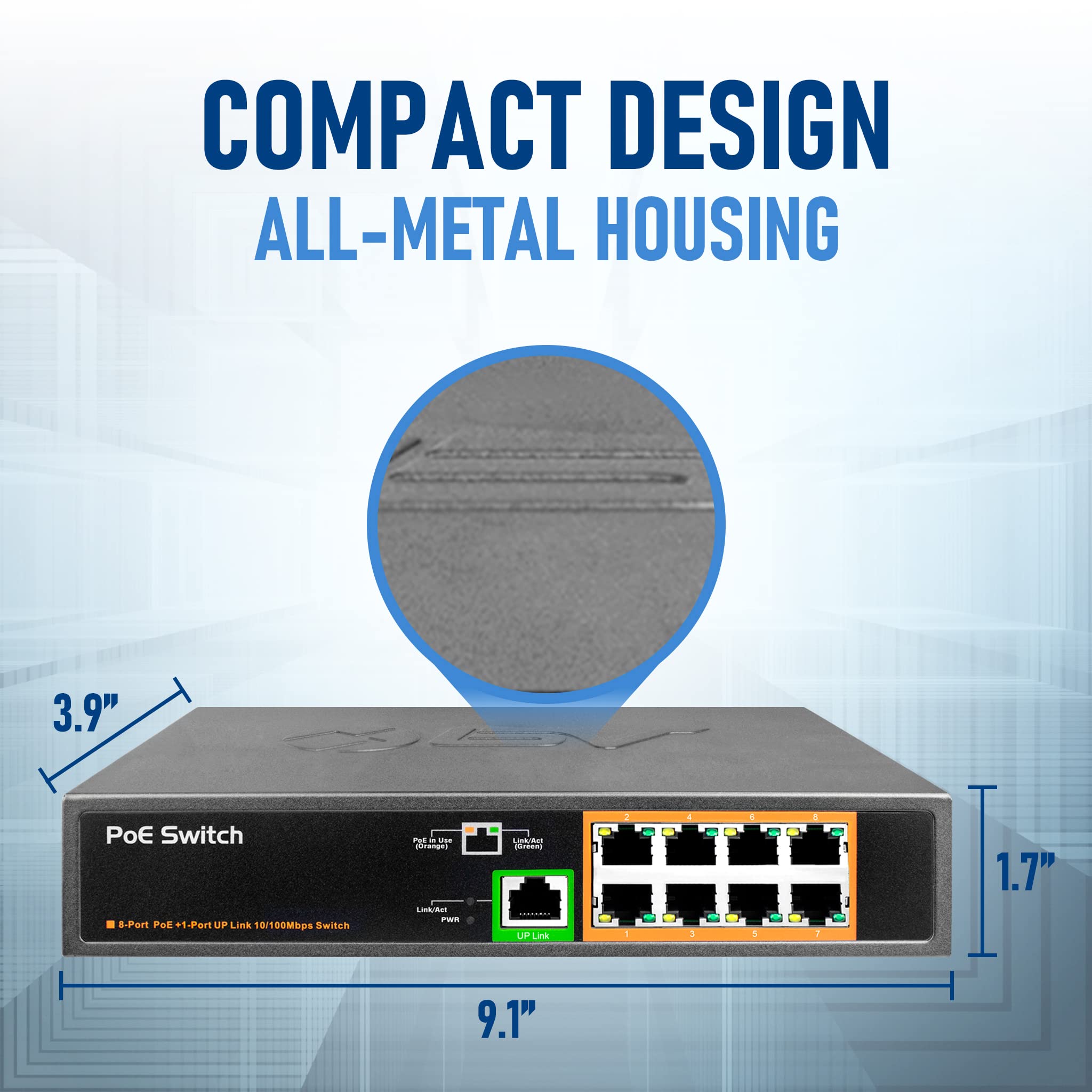 BV-Tech 9 Port PoE+ Switch (8 PoE+ Ports | 1 Uplink Port) – 120W – 802.3af/at