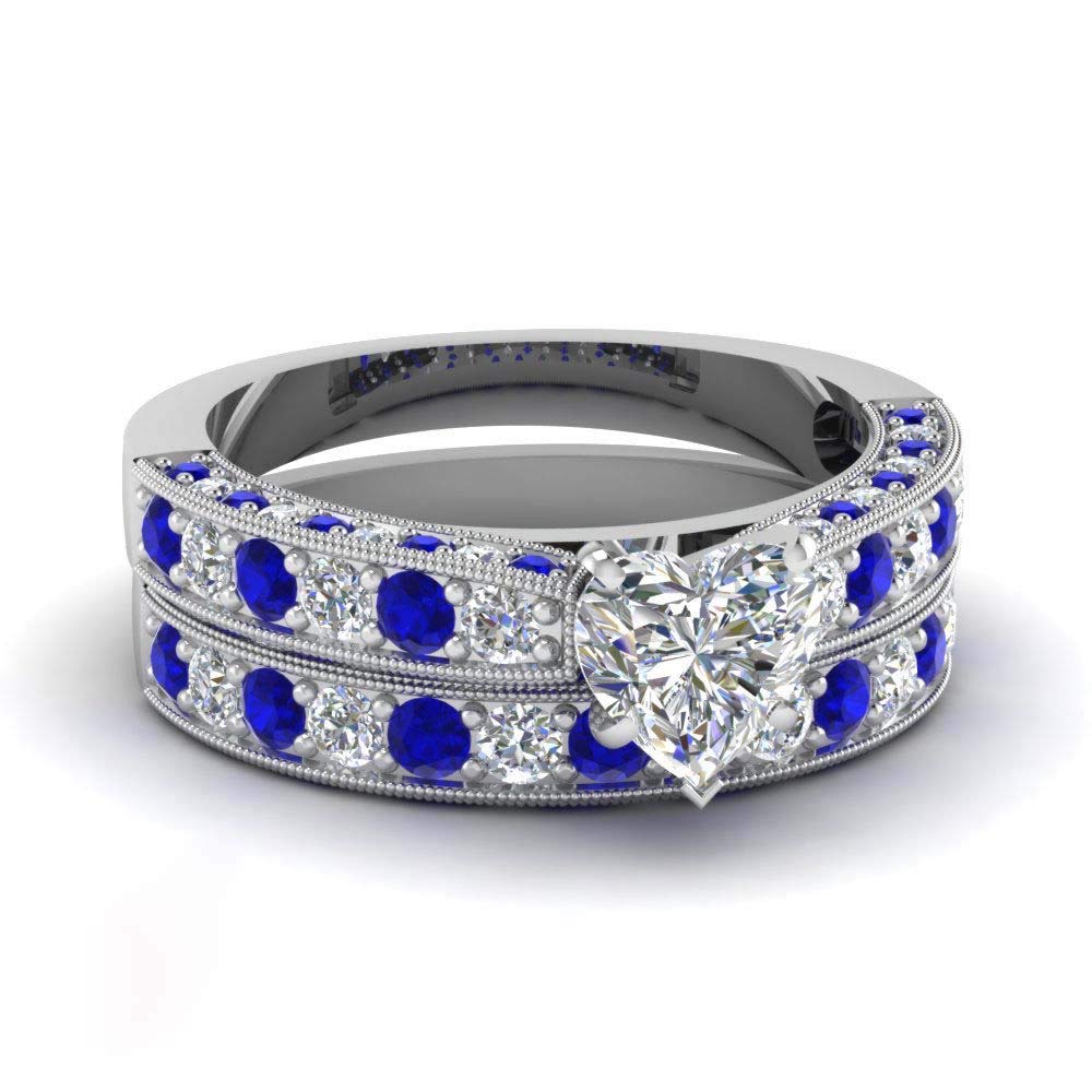 3pc TWO RINGS His Hers Wedding Ring Sets Couples Rings Women's White Gold Plated Heart CZ Wedding Engagement Ring Bridal Sets Men's Stainless Steel Wedding Band