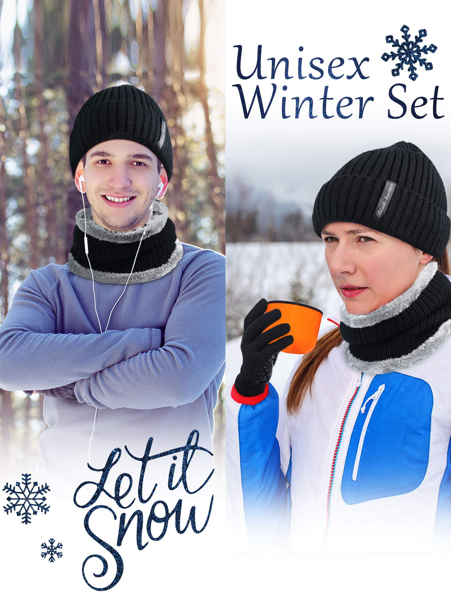 3 Pieces Winter Warm Set Beanie Hat Scarf Touchscreen Gloves (Black)