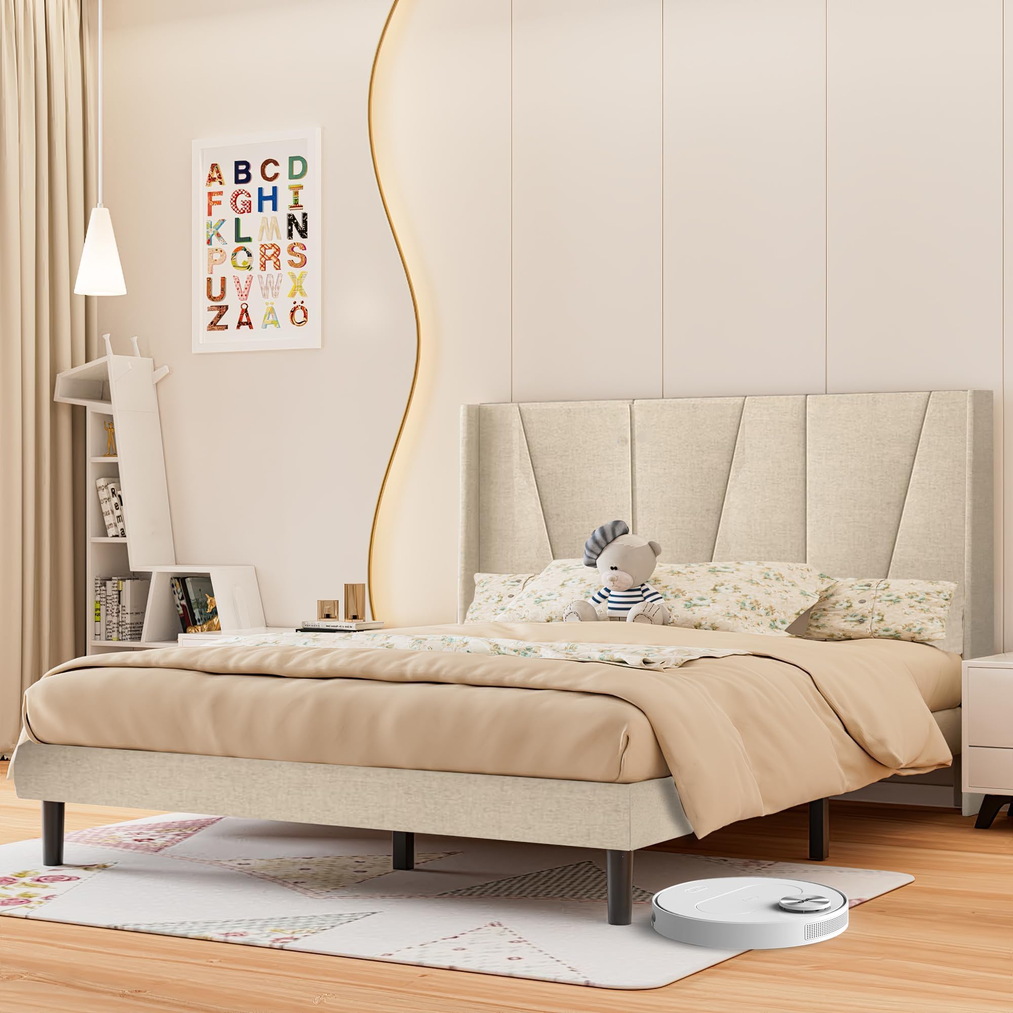 4 EVER WINNER King Size Bed Frame, Wingback Upholstered Platform Bed Frame King with Geometric Headboard & Footboard, Wood Slat Support, No Box Spring Needed, Easy Assembly, Beige