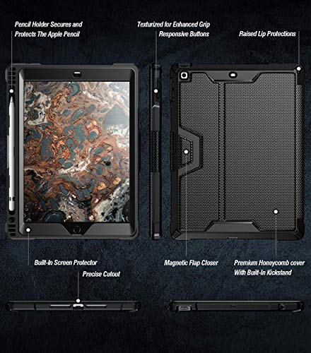 Poetic Explorer Case Designed for iPad 10.2 9th Generation (2021) / 8th Gen (2020) /7th Gen (2019) Case, Full Body Rugged Stand Folio Cover Case, Built-in Screen Protector and Pencil Holder, Black
