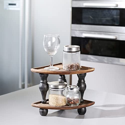 GoFika Small Corner Shelf Stand, 2 Tier Pine Wood Shelving Unit Black, Display Riser for Bathroom, Storage Organizer Rack for Kitchen, Stackable Pedestal Tray for Living Room (L:8in W:8in H:7.5in)