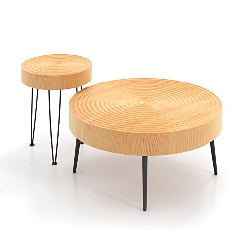 GOFLAME Round Coffee Table Set of 2, Farmhouse Boho End Tables with Natural Finish & Wood Ring Motif, Solid Wood Nesting Side Tables with Metal Legs & Adjustable Foot Pads for Living Room, Bedroom