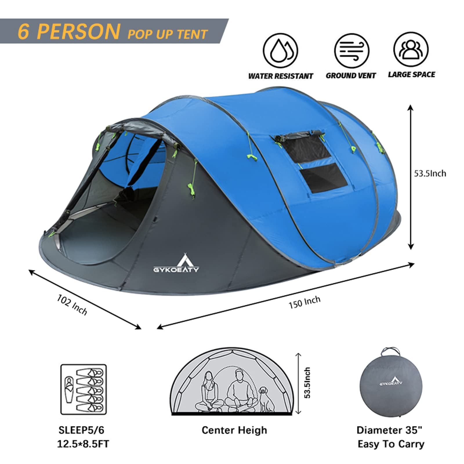 6 Person Easy Pop Up Tent Waterproof Windproof Automatic Setup Double Layer Instant Big Family Tents for Camping,Hiking & Traveling Outdoor Blue