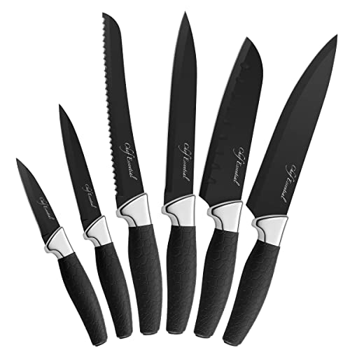 Chef Essential Carbon Steel Culinary Knife Set – 6-Piece Sharp Knife Set – Meat, Veggie, Bread Knife Set – Nonstick Chef Knife Cooking Knives – Professional Sharp Kitchen Knife Set Without Block