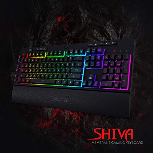 Redragon K512 Shiva RGB Backlit Membrane Gaming Keyboard with Multimedia Keys, Quiet Mechanical Feeling Keyboard, 6 Extra On-Board Macro Keys, Dedicated Media Control, Detachable Wrist Rest