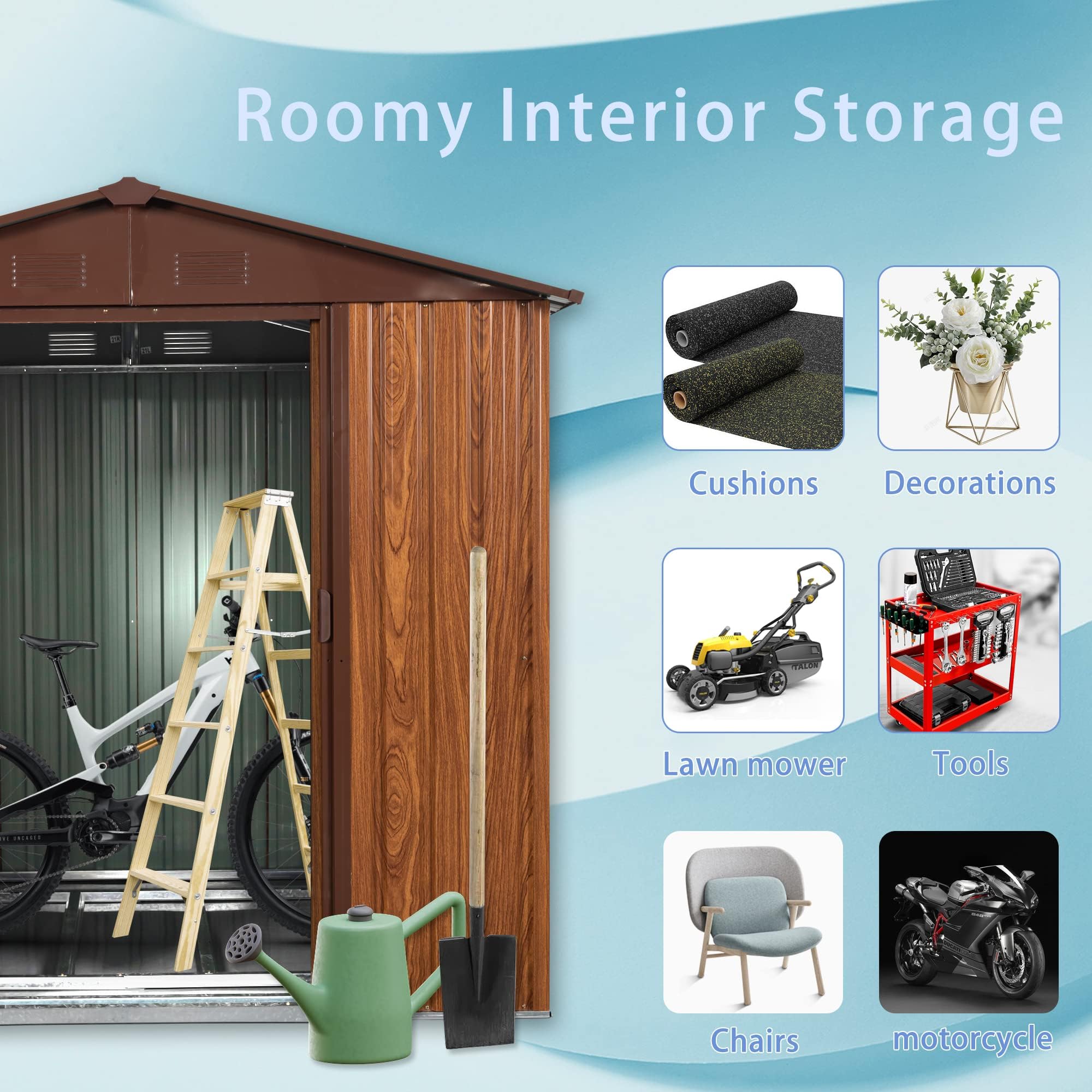 6 x 6 FT Outdoor Storage Shed, Metal Garden Shed with Floor Frame, Tool Shed Outdoor Storage with Lockable Sliding Doors & Window & Air Vents, Storage House Waterproof for Backyard, Lawn, Coffee