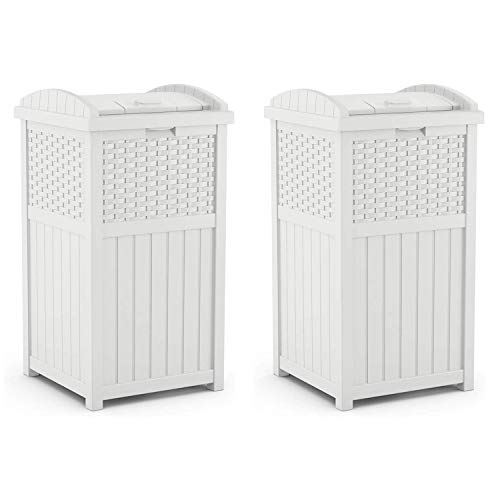 Suncast Wicker Resin Outdoor Hideaway Trash Can Bin with Latching Lid for Use in Backyard, Deck, or Patio, White (2 Pack)