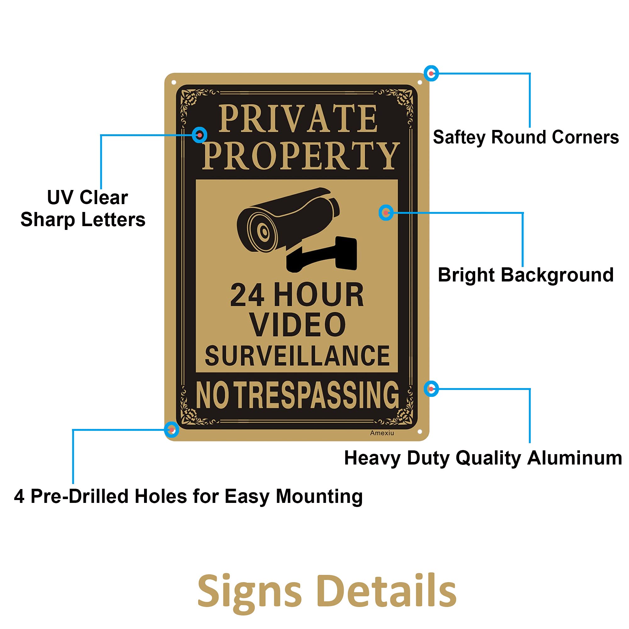 3 Pack Private Property No Trespassing Sign, 24 Hours Video Surveillance Warning Sign | 10" x 7" Rust Free Aluminum Easy Mounting Fade Resistance.