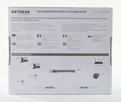 NETGEAR 8-Port Gigabit Ethernet PoE Network Switch, Hub, Internet Splitter (GS108LP) - with 8 x PoE+ @ 60W Upgradeable, Desktop/Rackmount, and ProSAFE Lifetime Protection