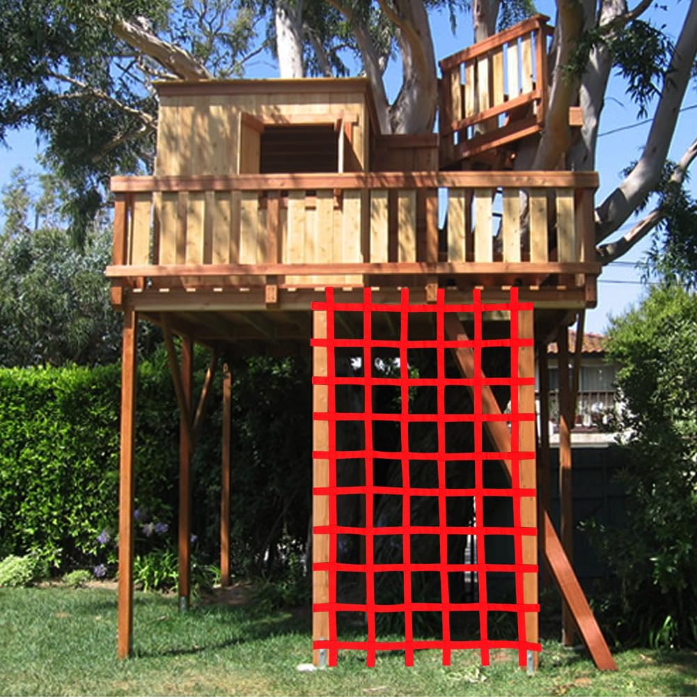 CL CLC Climbing Cargo Net Red 7ftx4ft (95inchx57inch)-Playground Play Safety Net,Rope Ladder,Jungle Gyms, Swing Set, Obstacle Courses for Outdoor Treehouse