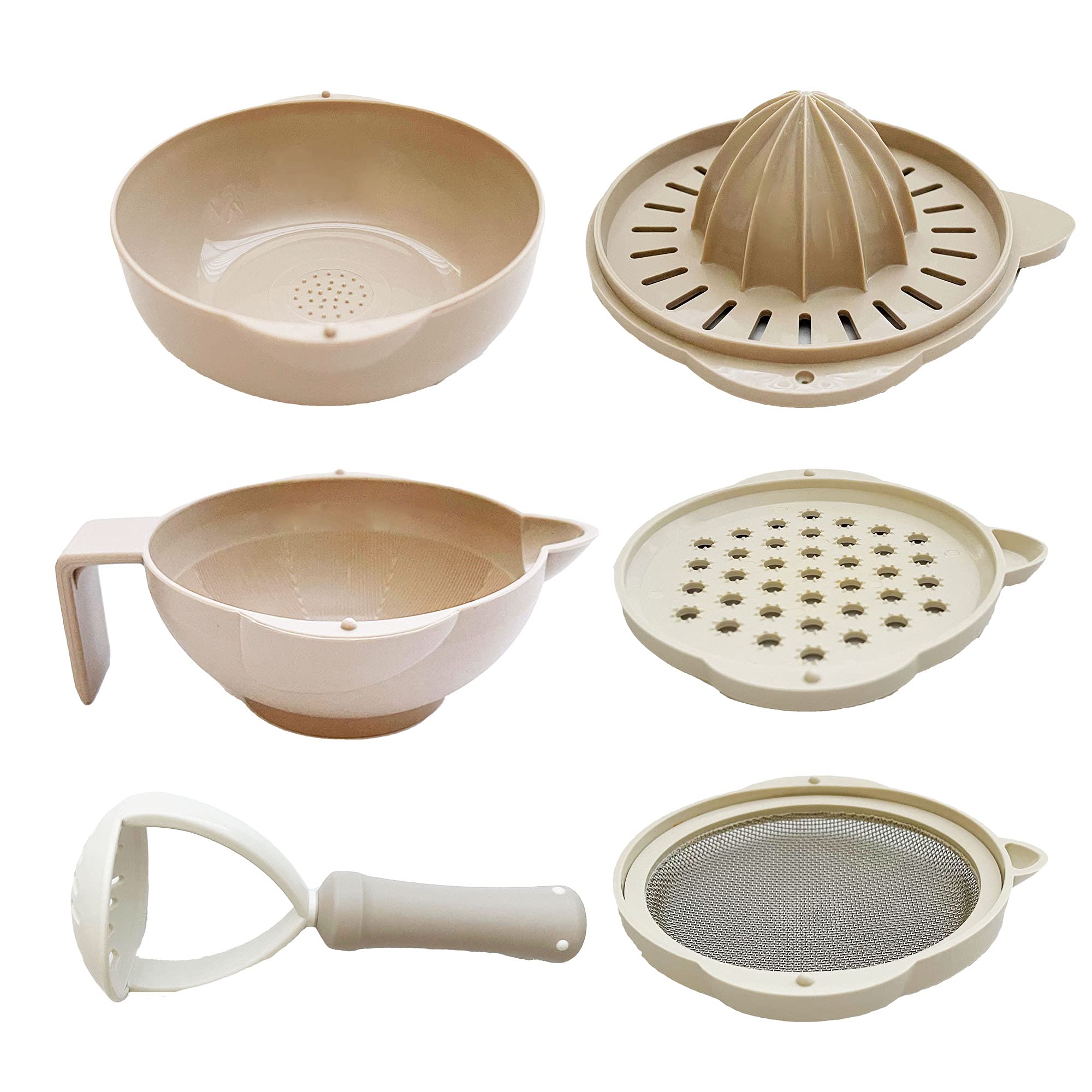 LITTOES BABY FOOD PREP SET masher bowl stainless steel mesh strainer manual hand squeezer juicer grater neutral color food masher