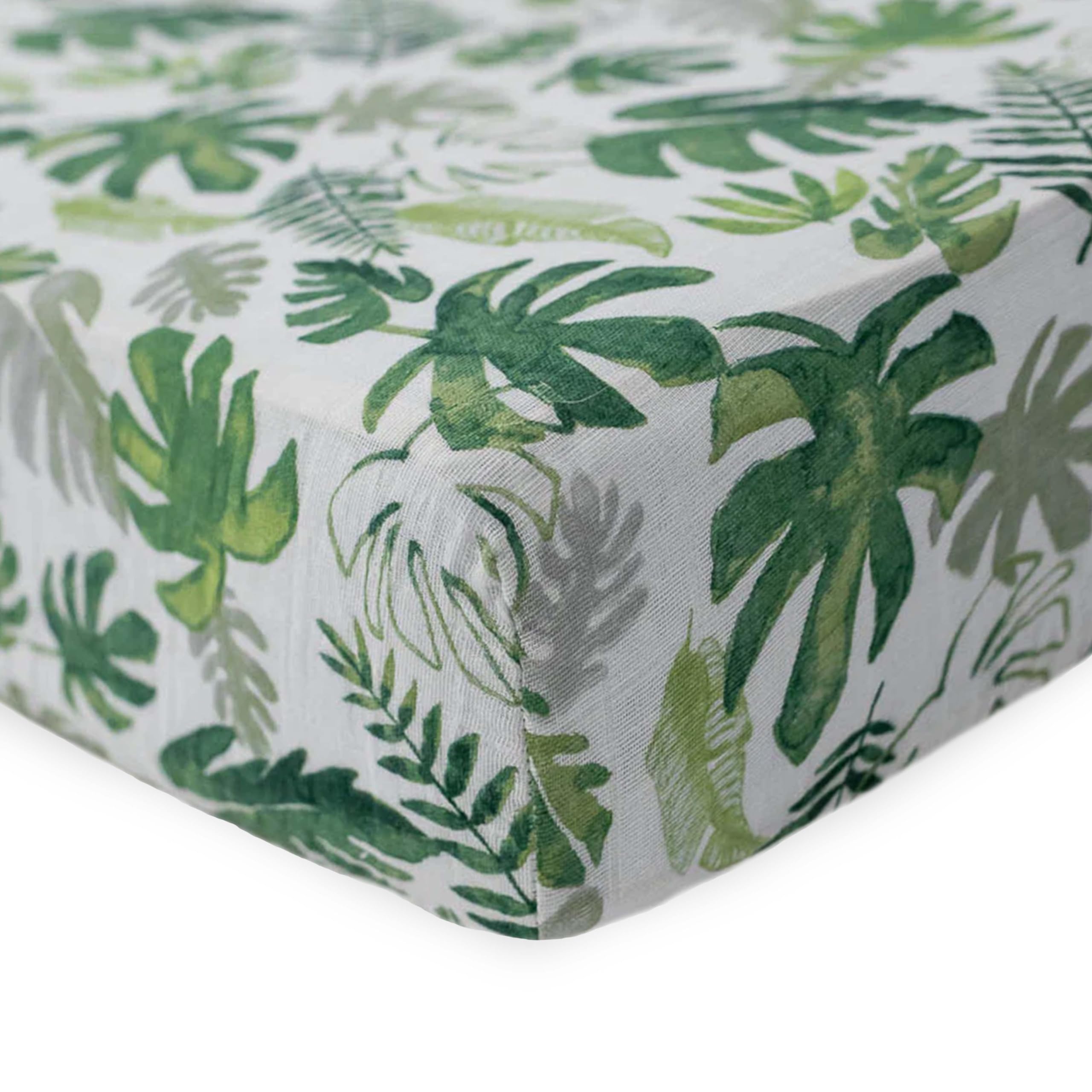 Little Unicorn Tropical Leaf Fitted Crib Sheet | 100% Cotton Muslin | Super Soft | Sized for Standard Baby Crib & Toddler Mattress | Machine Washable | 52” x 28” x 9”