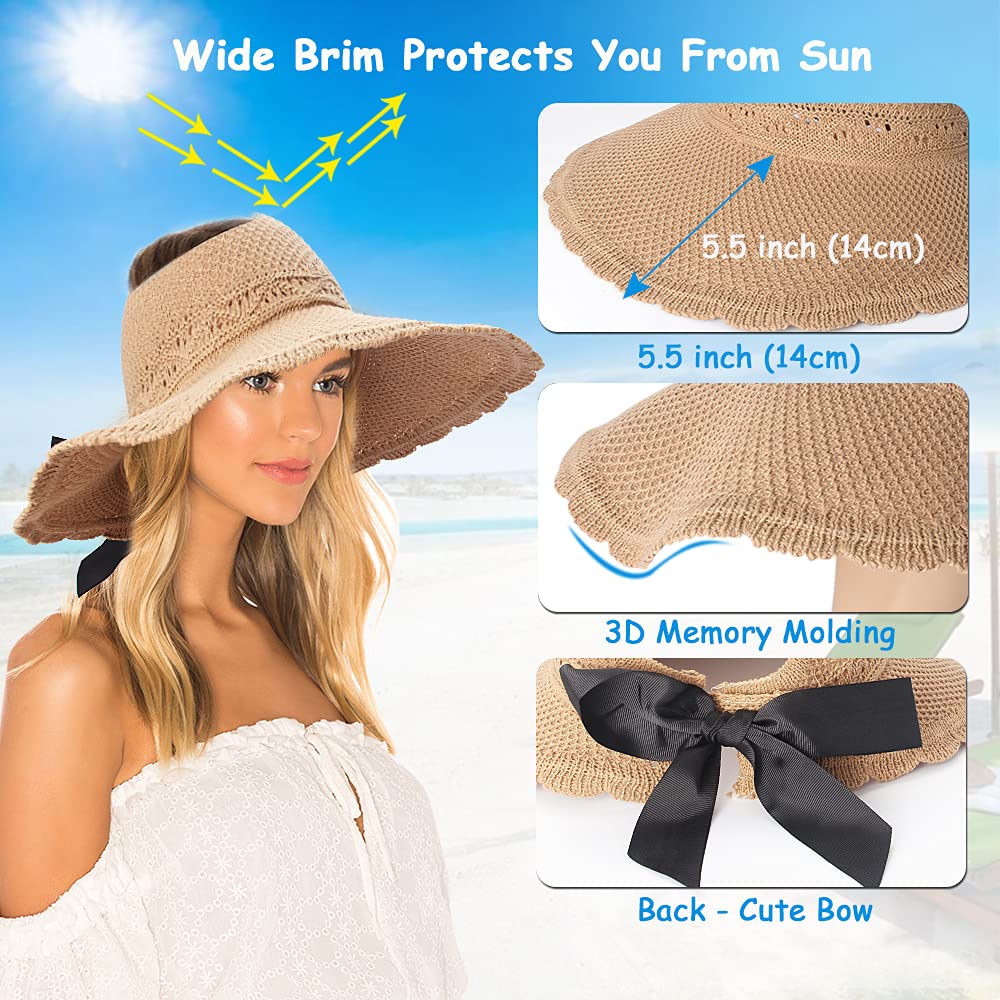 3pcs Foldable Wide Brim Straw Hats Sun Visors for Women, Bow Beach Hat Summer