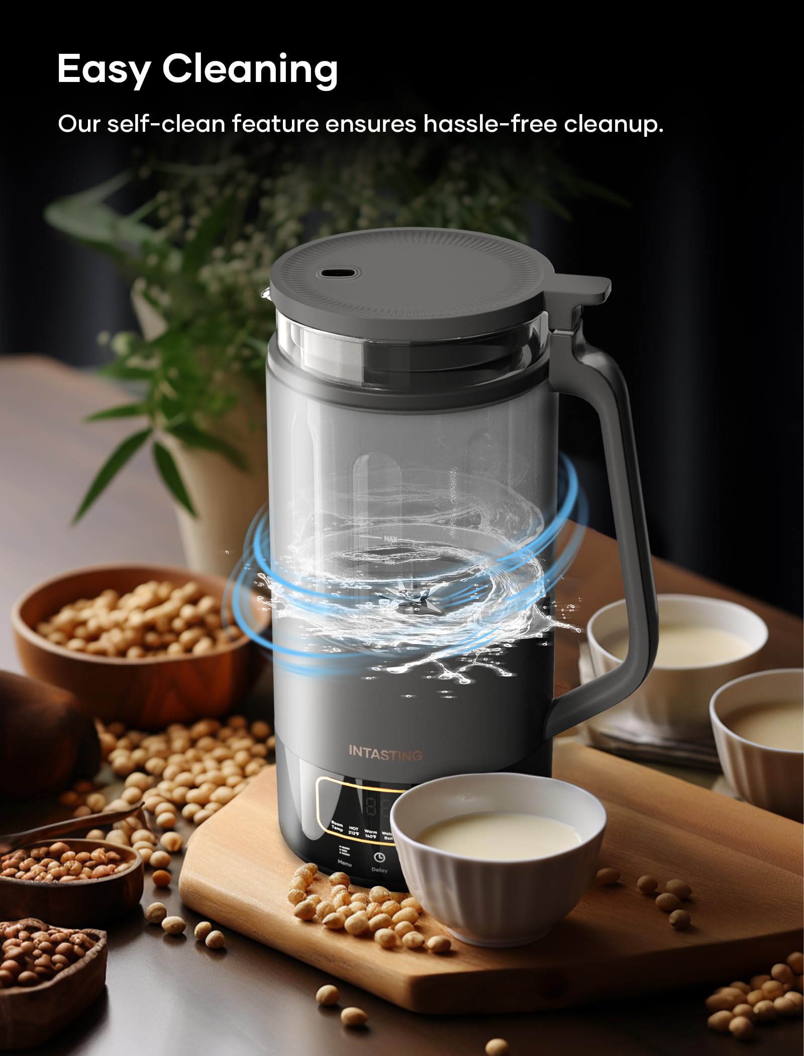 INTASTING Automatic Nut Milk Maker - Glass Inner - Homemade Almond, Oats, and More Grain - Soy Milk Machine with 6 Preset Modes - Keep Warm, Delay Timer, Boil Water, Self-Clean - Boil-Dry Protection