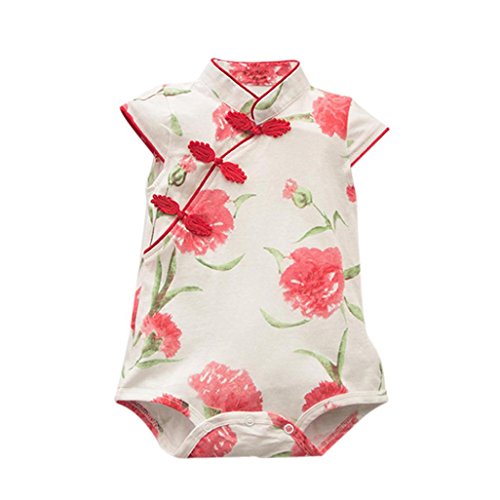 Moonker Infant Toddler Baby Girls Chinese Style Romper s Rose Flower Print Sleeveless Cheongsa 0-18M (0-6 Months, Red)