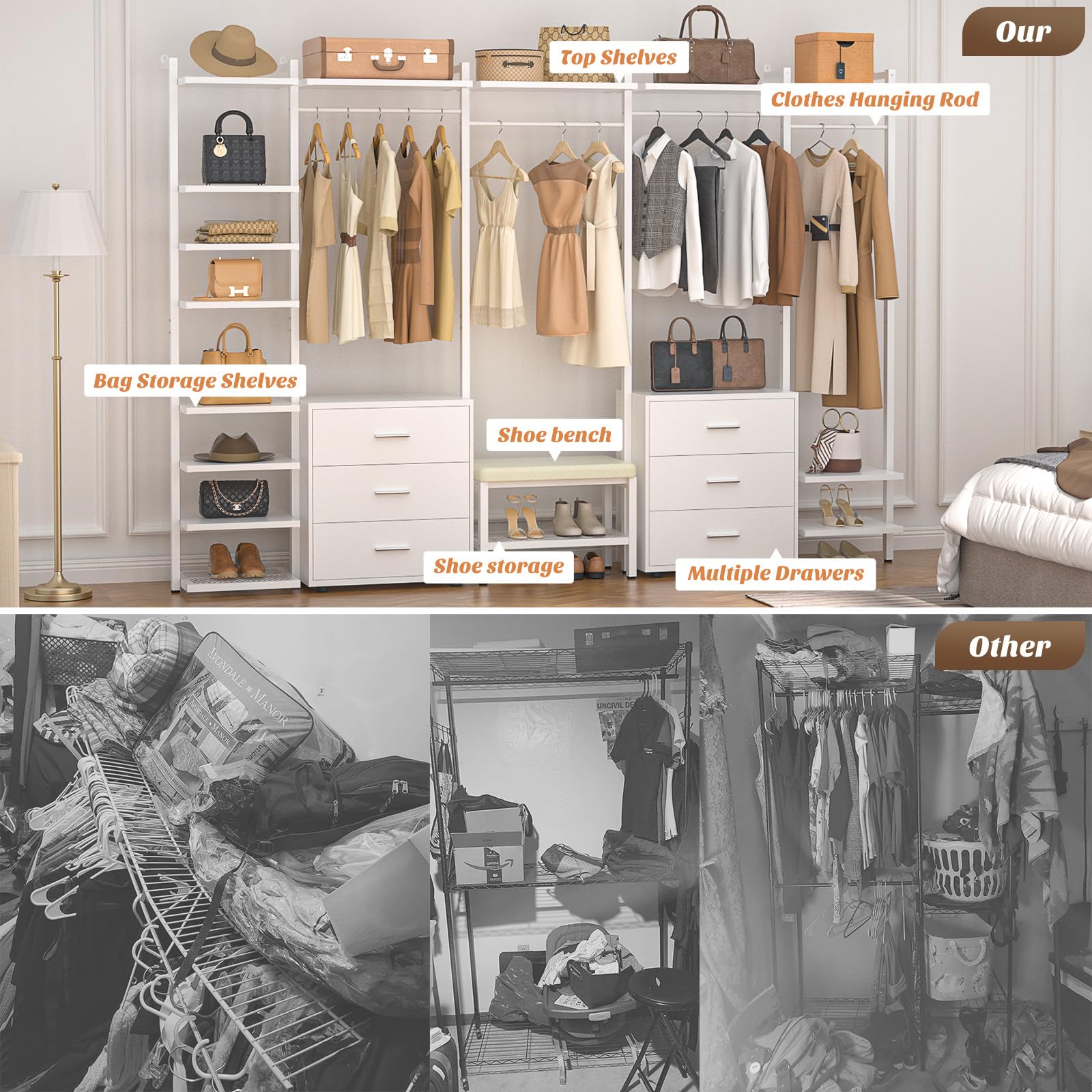 Aheaplus 8FT Closet Organizer Systems with 6-Drawers, 96'' Wood Closet Organizer with Storage for Walk In Closets, Clothing Rack Wardrobe Closet Garment Rack for Hanging Clothes, Bedroom, White