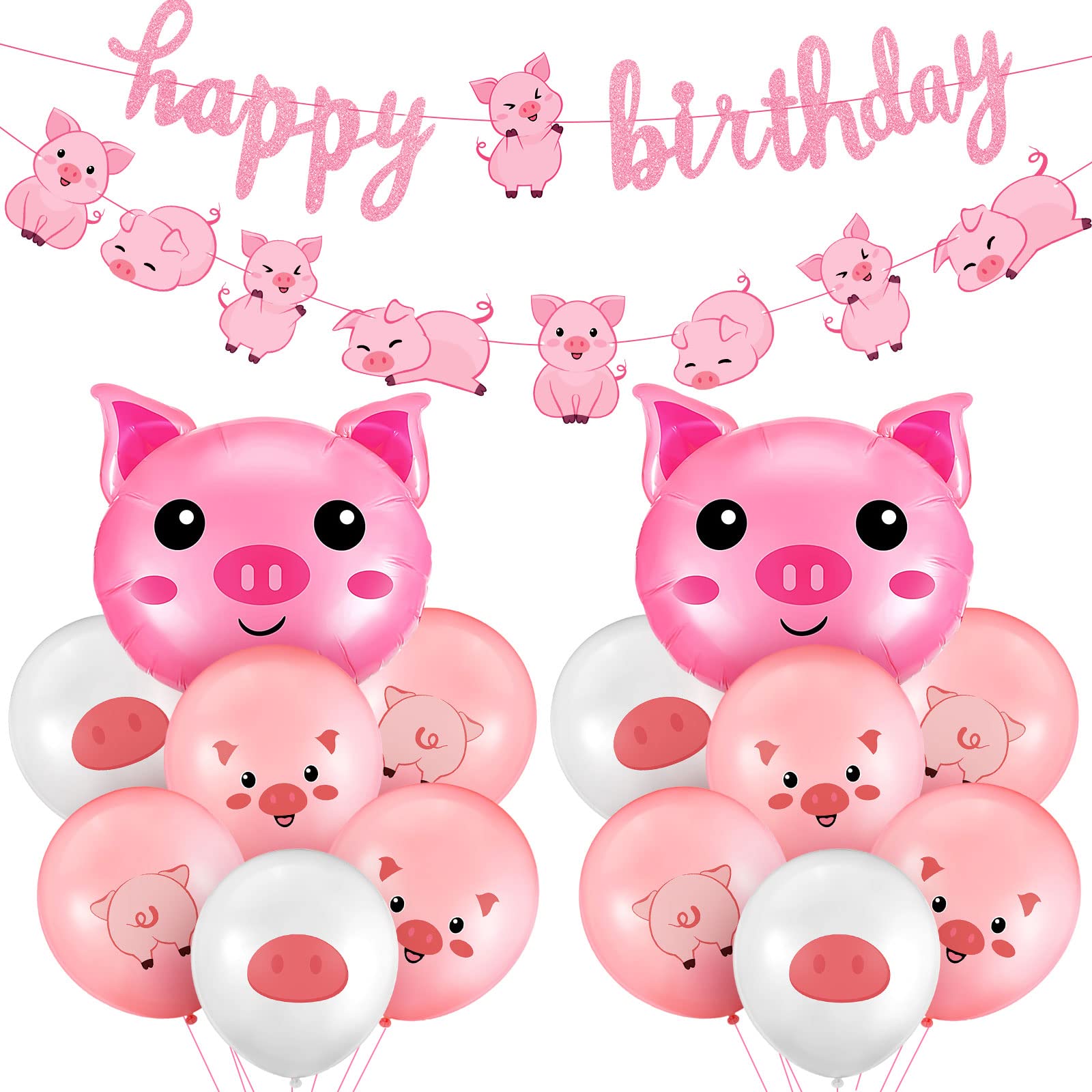 36 Pcs Pig Birthday Party Decorations Pink Pig Farm Animal Birthday Banner Piggy Latex Balloons Jumbo Pink Pig Head Foil Balloons for Piggy Baby Shower Decorations Pink Farm Themed Party Supplies