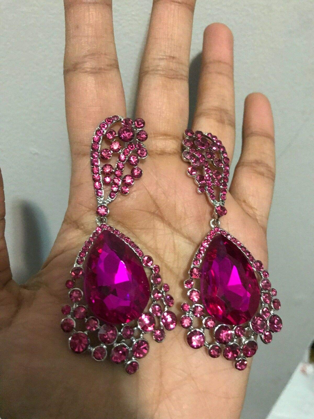 3.25" Long Hot Pink Fuchsia Dangle Pageant Rhinestone Crystal Silver Earrings