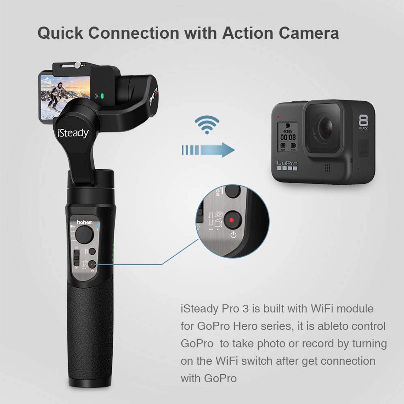 3-Axis Action Camera Gimbal Stabilizer for GoPro Hero 8/7/6/5/4/3, OSMO Action, Sony RX0, YI, SJCAM, Insta360 ONE R, WiFi Connection, Splash-Proof, 12H Battery Life, with Tripod, Hohem iSteady Pro 3