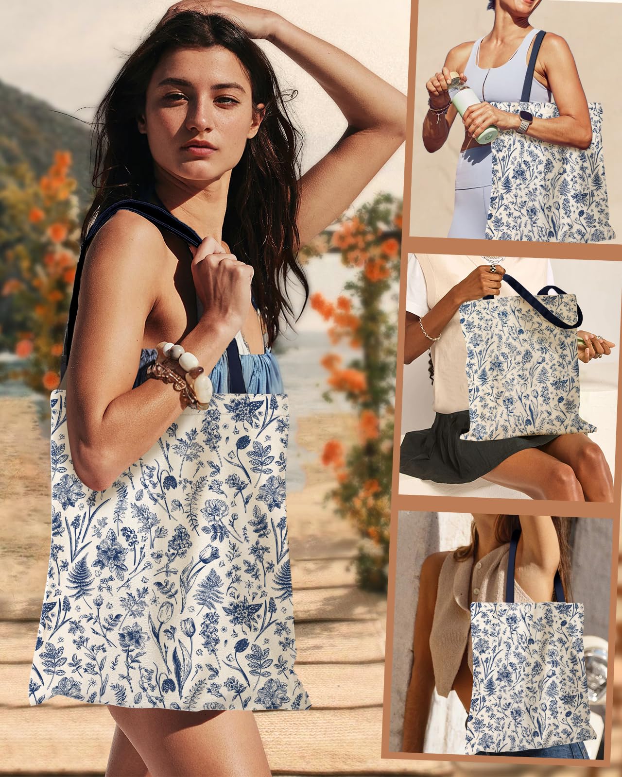 Miss Adola Aesthetic Canvas Tote Bag with Inner Pocket for Women, Cloth Cotton Totes Bag with Pattern for Shopping, Gym, Blue Line Flower