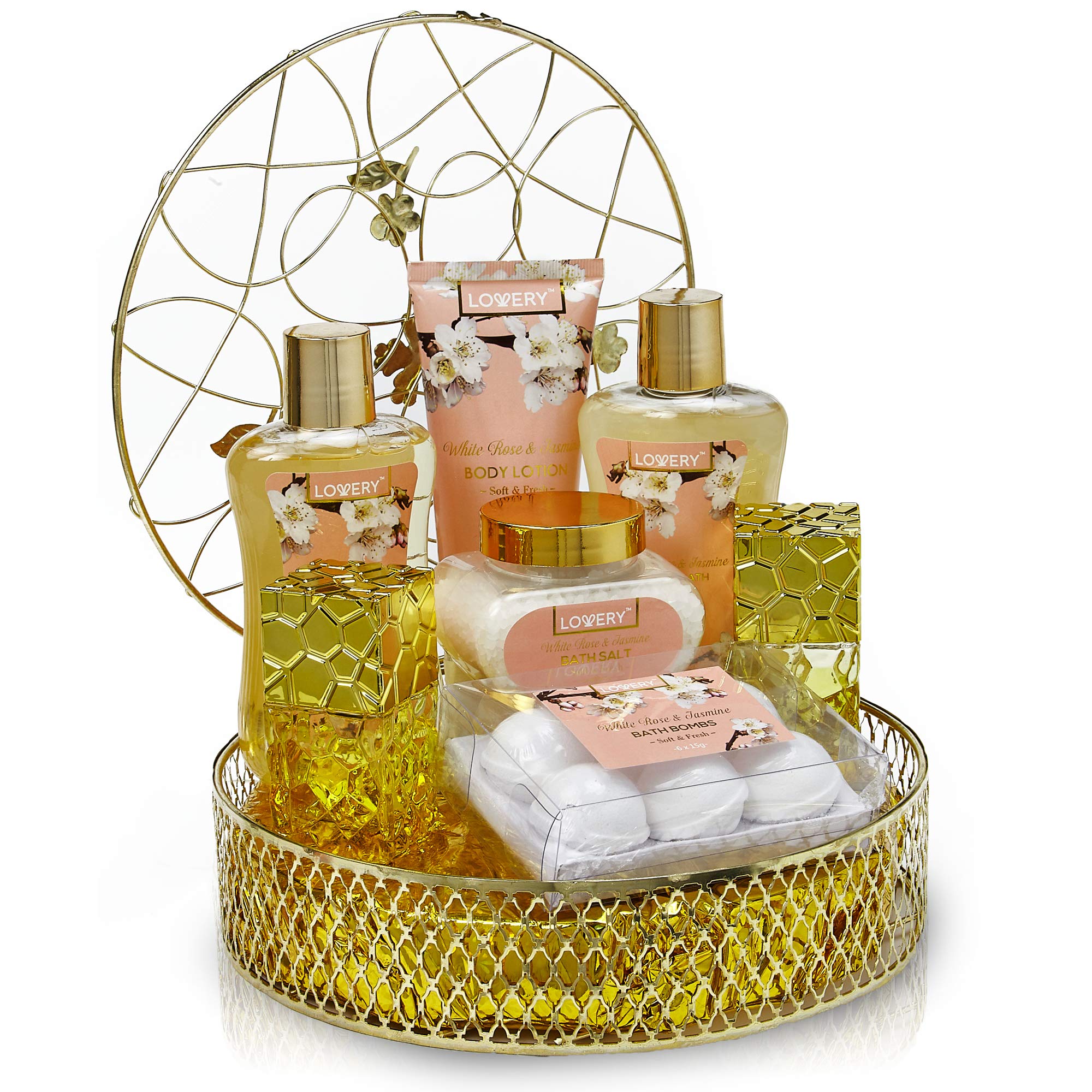 Valentines Day Perfume Set, Bath and Body Gift Basket For Women, 13pc Set of White Rose & Jasmine Cosmetic and Home Spa Set with Bath Bombs, Body Mist, Perfume, Intricate Gold Perfume Holder and More