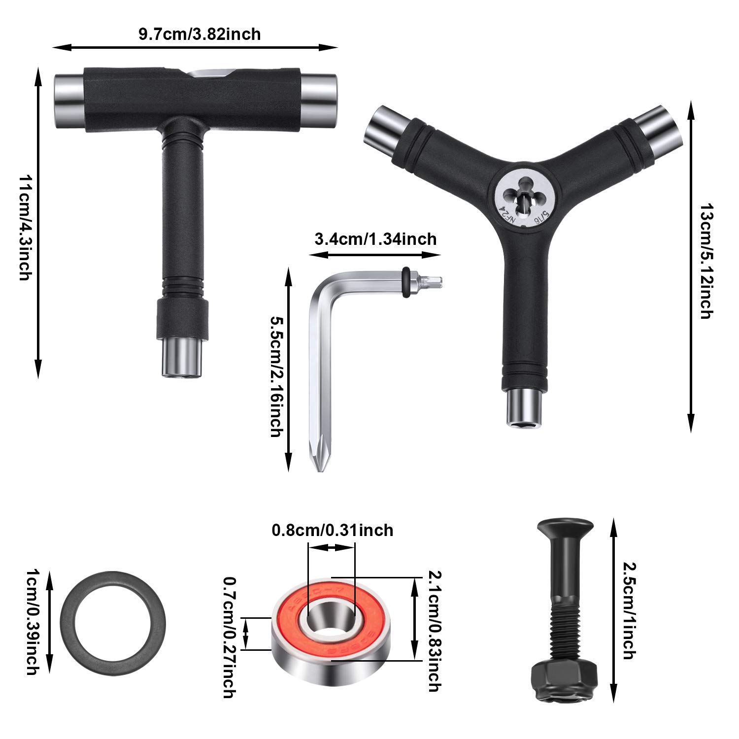 45 Pieces Multifunctional Skateboard Tools T Skate Tool and Y Skateboard Tool with Skateboard Bearings, Nuts and Mounting Bolts, Washers for Most Skateboards and Long Boards