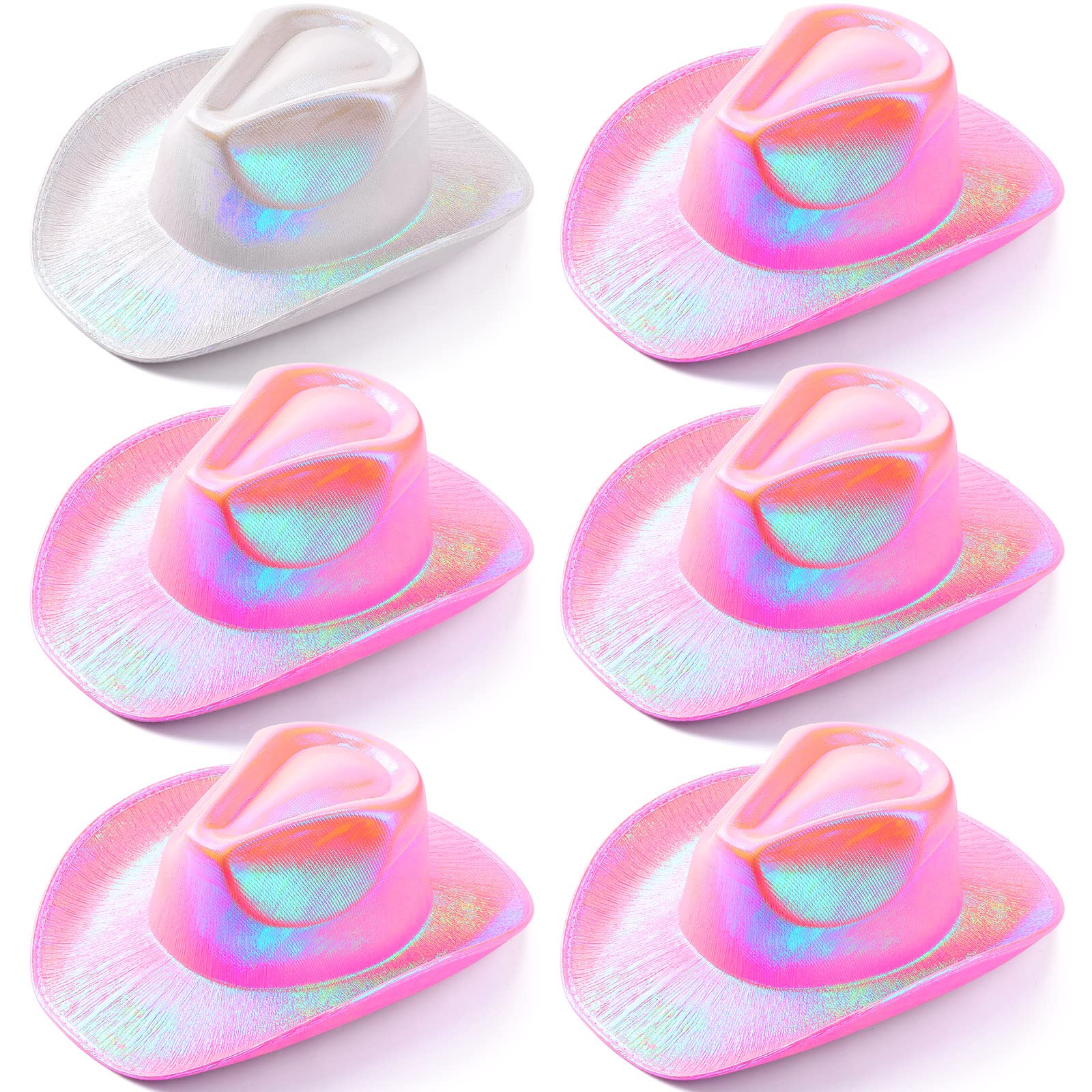 6 Pieces Glitter Cowgirl Hats Women Bride Hat Holographic Cowboy Hat Space Hats for Wedding Birthday Bachelorette Parties Favors (Beige and Pink)