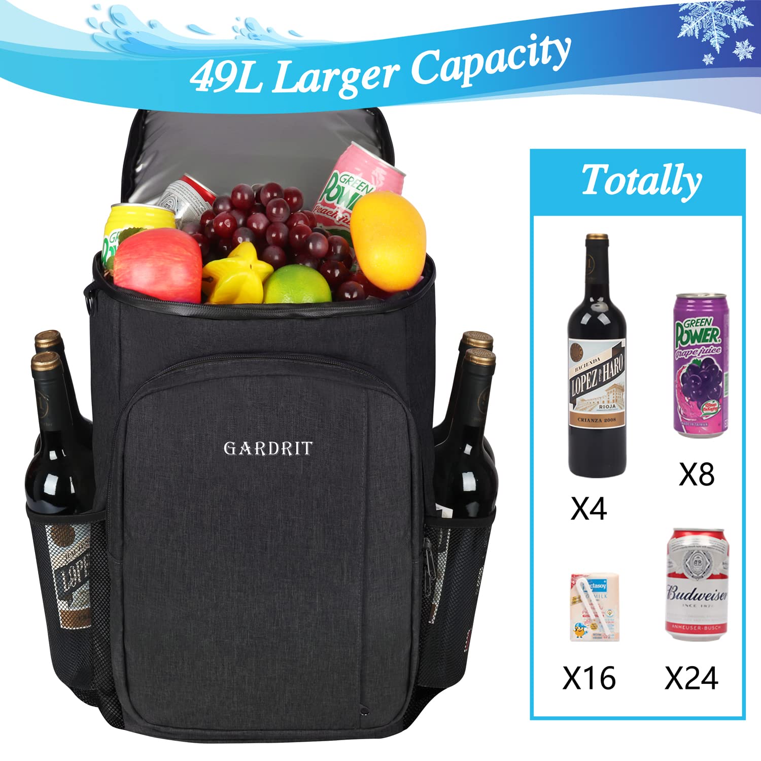 49 Cans Insulated Cooler Backpack, Leakproof Spacious Lightweight Soft Cooler Bag Backpack Cooler with Double Deck for Men Women to Work Beach Picnic Travel Trips, Black