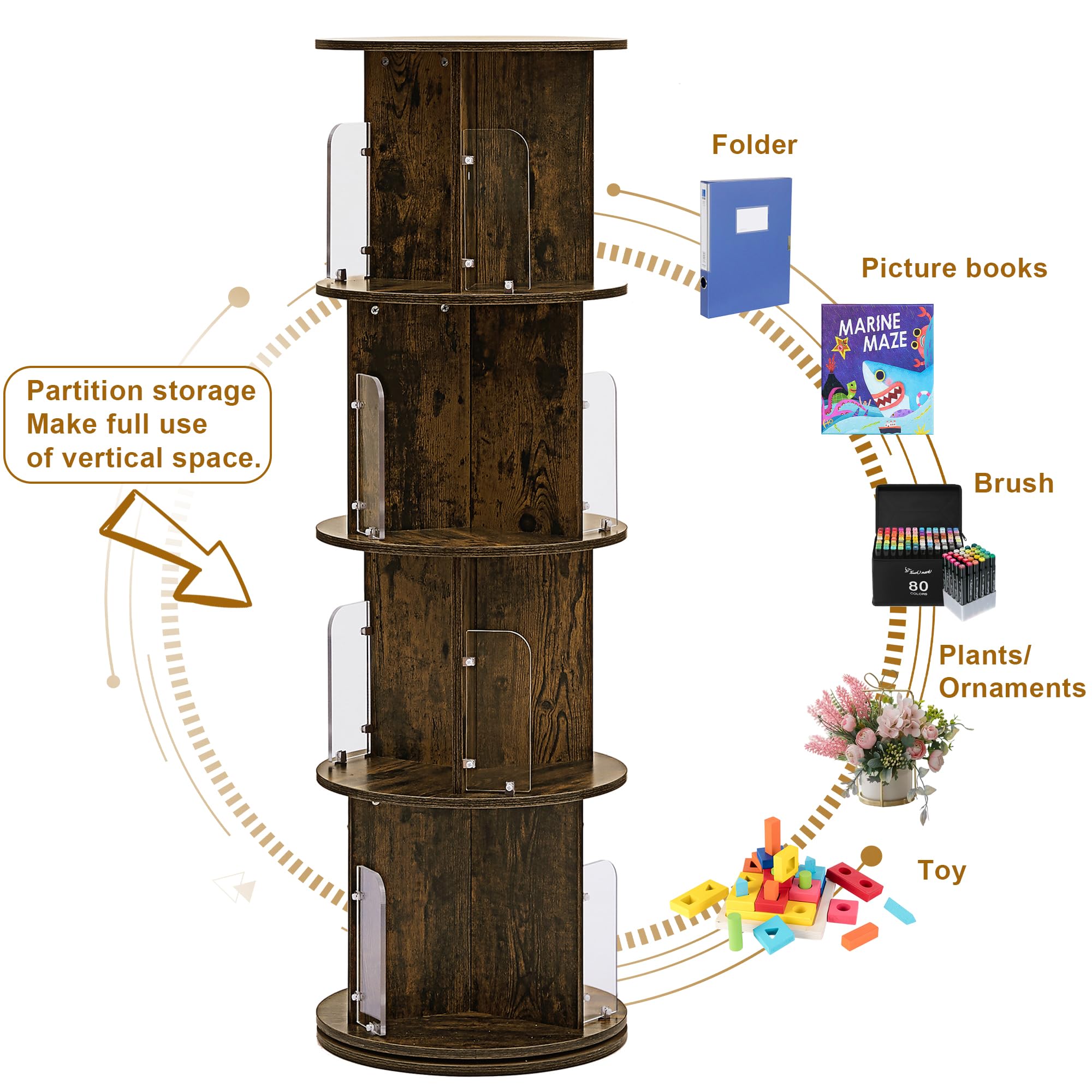 VECELO 4 Tier Revolving Bookshelf Tower, 360° Display Floor Standing Storage Rack with Acrylic Visible Window Partition for Bedroom, Living Room Home and Office, Brown