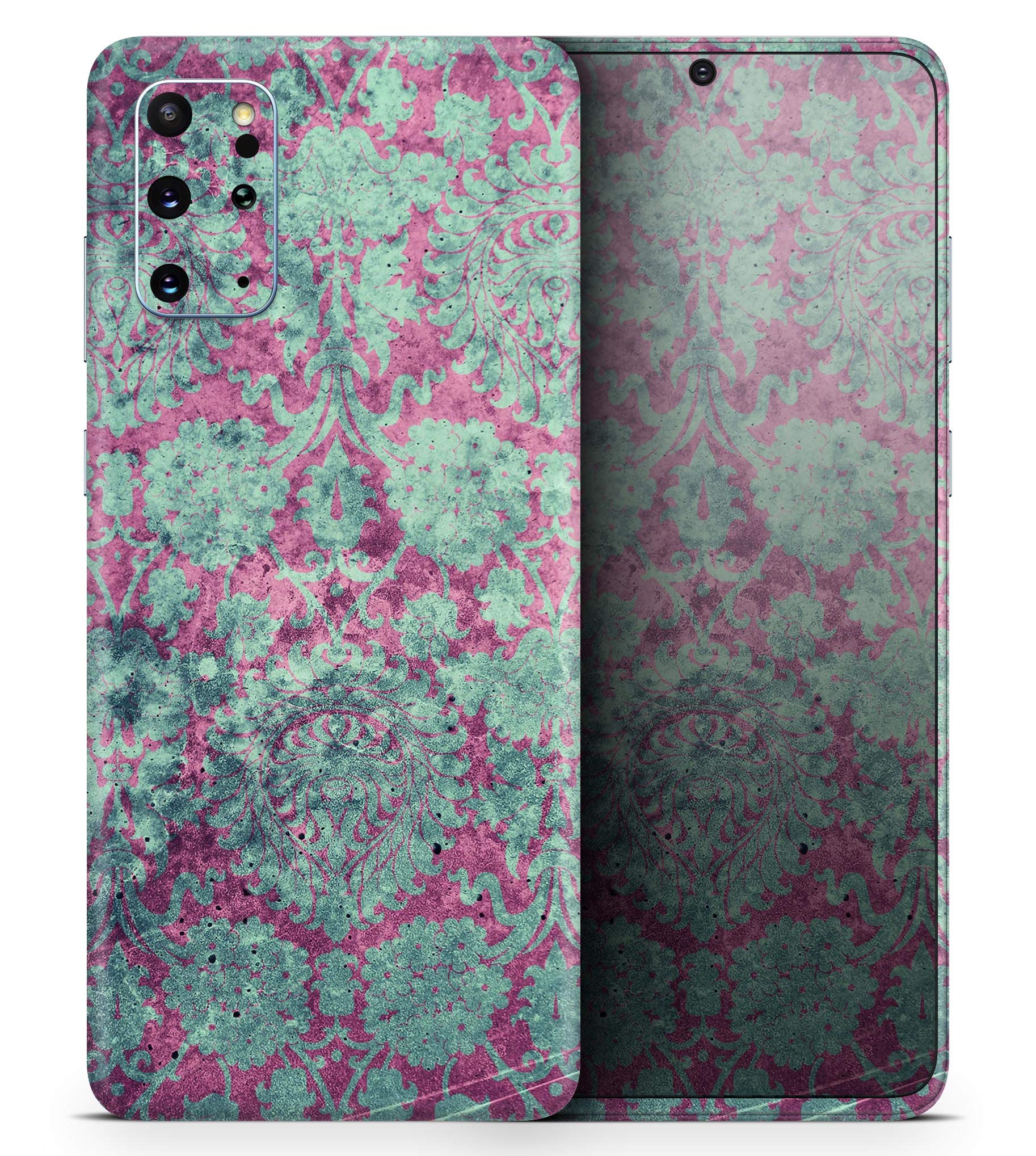 DesignSkinz Grungy Teal and Pink Damask Pattern Protective Vinyl Decal Wrap Skin Cover Compatible with The Samsung Galaxy S20 (Screen Trim & Back Glass Skin)