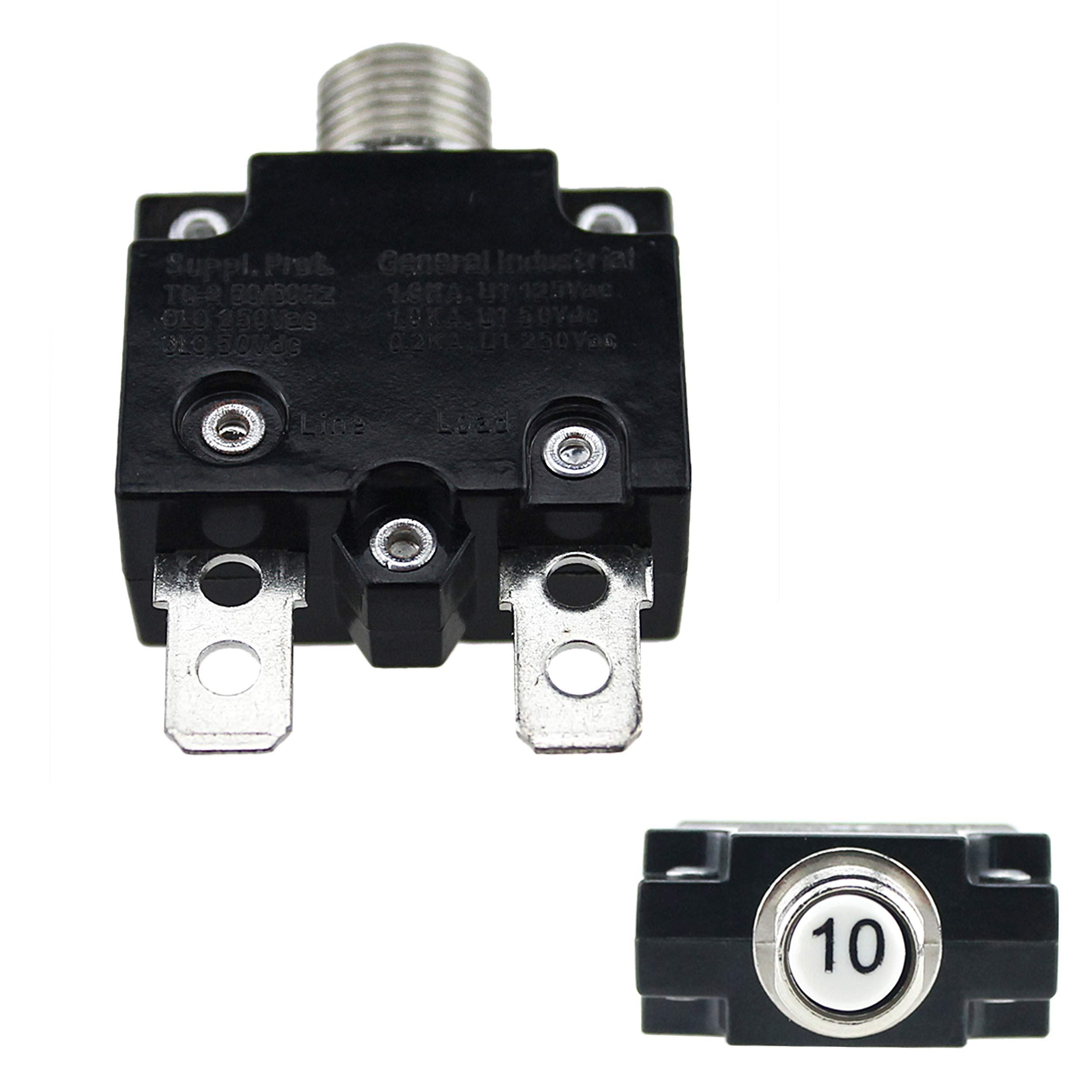 ZOOKOTO 2PCS 10A DC50V AC125-250V Push Button Reset Circuit Breakers with Quick Connect Terminals and Waterproof Button Black Cap