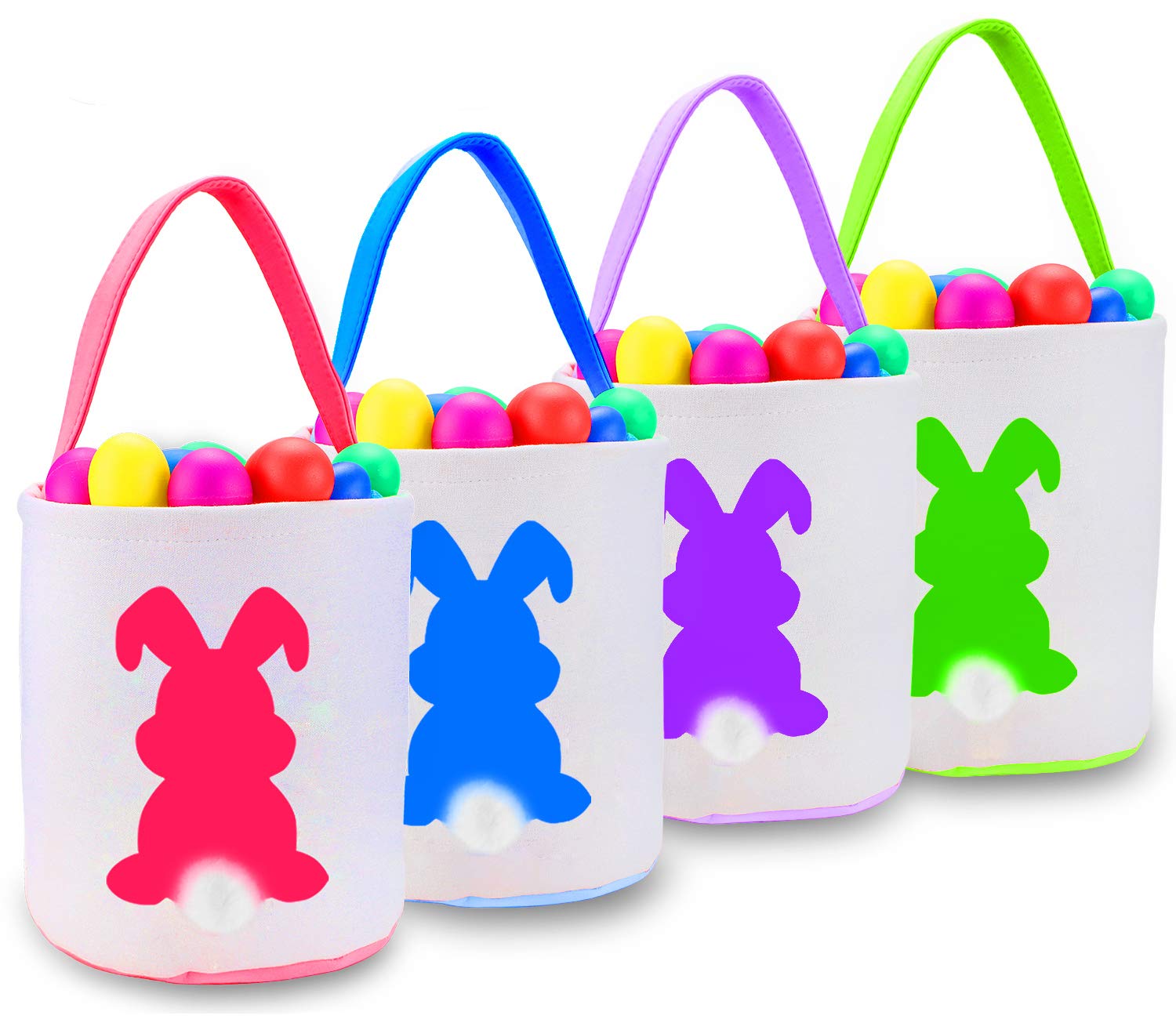 4 Pieces Easter Bunny Basket Bags for Kids Canvas Cotton Carrying Gift and Eggs Hunt Bag, Easter Gift Basket with Tails Printed Rabbit for Kids Party Decoration and Daily Use
