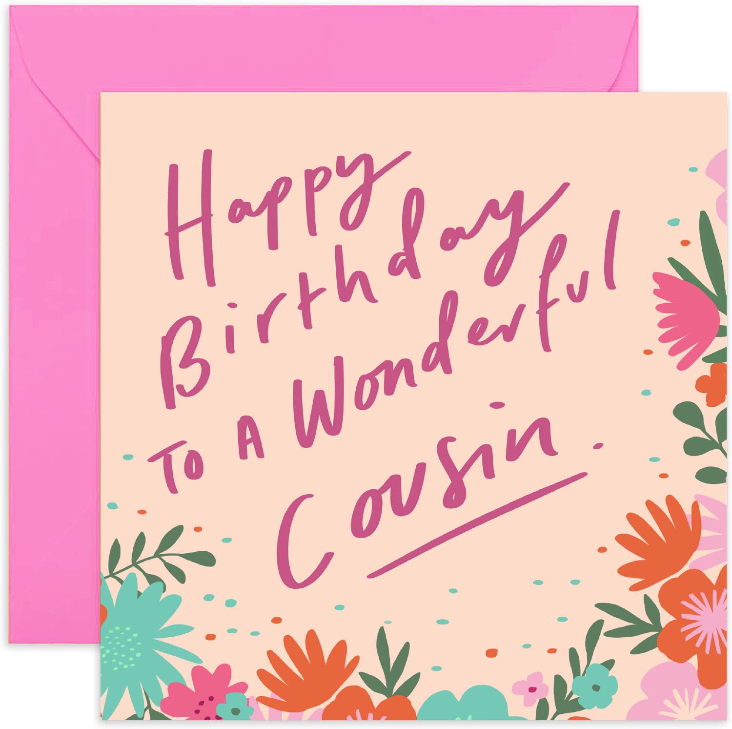Old English Co. Happy Birthday Wonderul Cousin Card - Square Birthday Woman Wishes Card | Suitable for Cousins| Blank Inside & Envelope Included