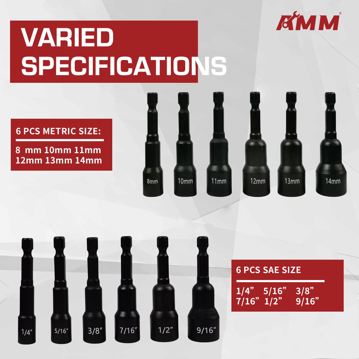 AMM 12-Piece Magnetic Nut Driver Set,1/4" Hex Shank Power Driver Bit Set,Metric(8-14mm) and SAE(1/4-inch - 9/16-inch) ,Cr-v Steel