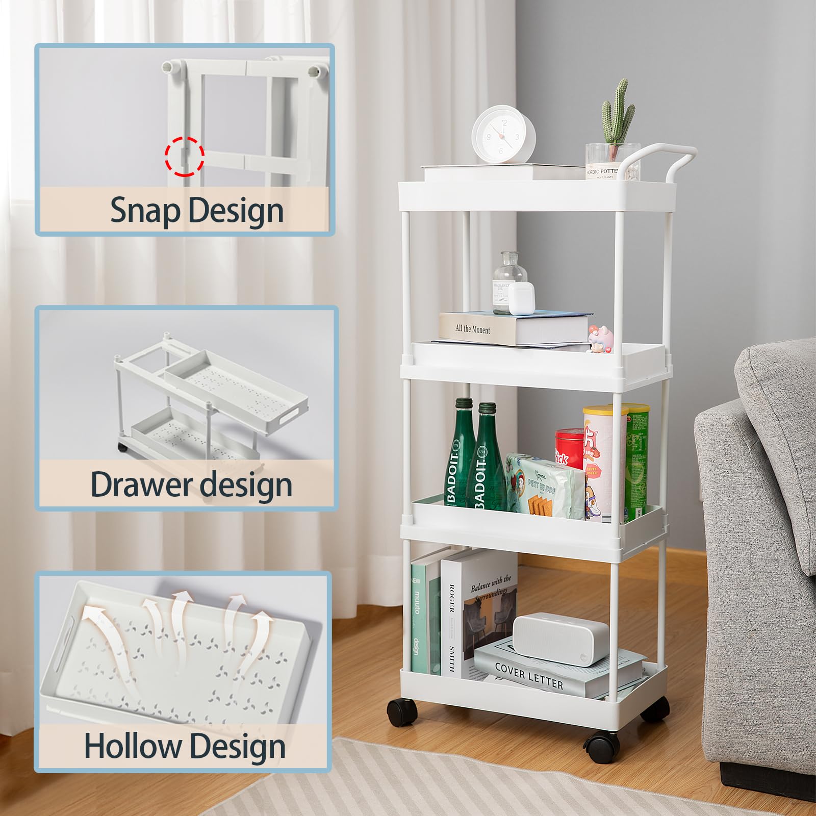 3 Tier Rolling Utility Cart with Drawers, Art Cart, Slide Out Bathroom Organizer with Lockable Wheels, Storage Trolley Cart with 1 Hanging Cups & 3 Hooks for Kitchen Office Laundry (3 Story, White)