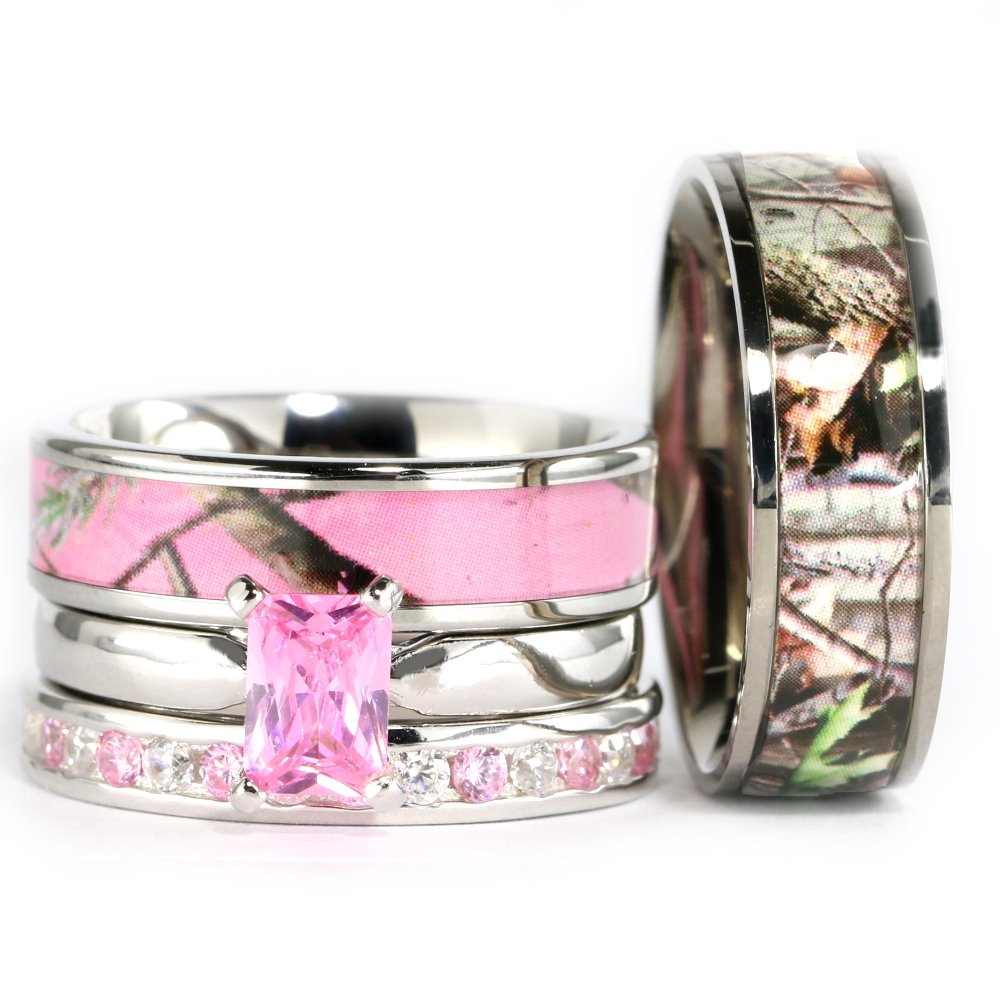 4pcs His Hers Camo Pink Radiant Stainless Steel Sterling Silver Wedding Ring Set (Size His 13, Hers 09)