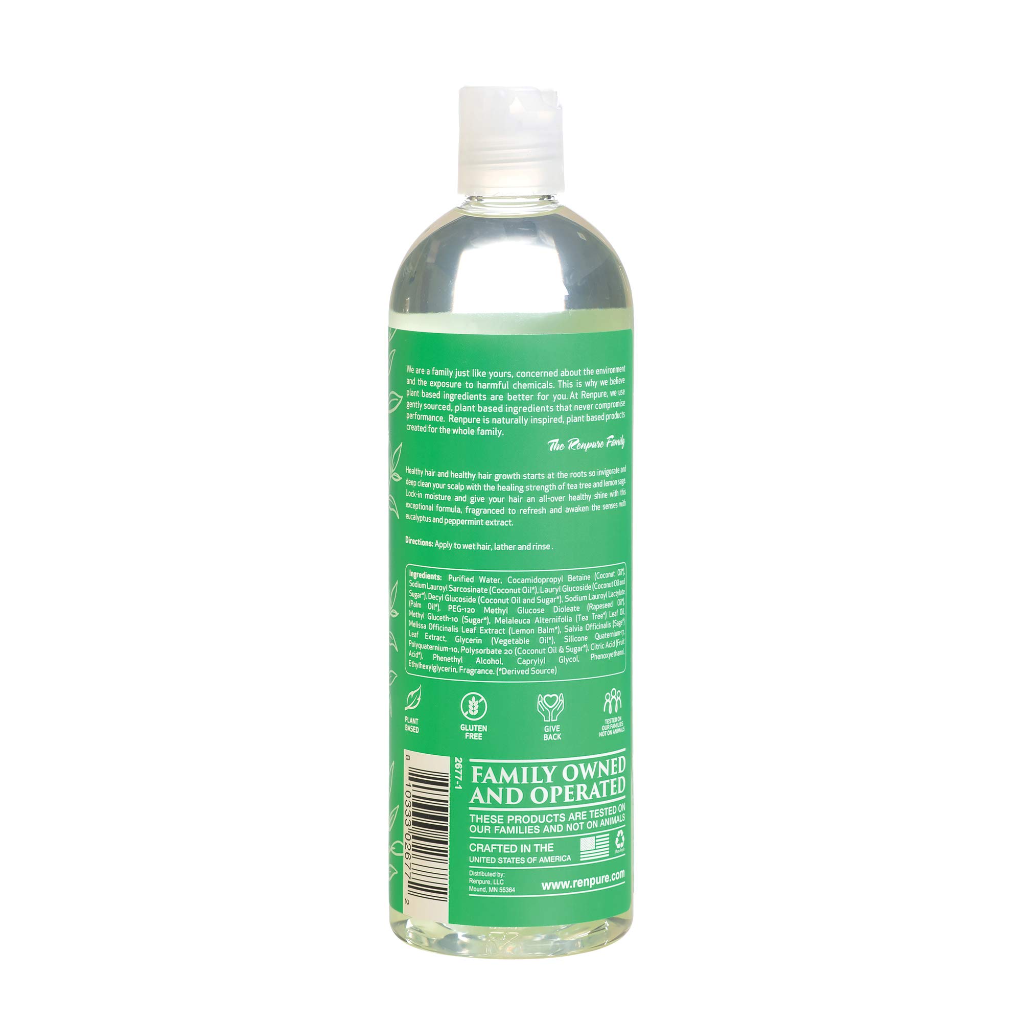 RENPURE Plant-Based Beauty Tea Tree & Lemon Sage Refreshing Moisture Shampoo, Basic, Eucalyptus, 16 Fl Oz