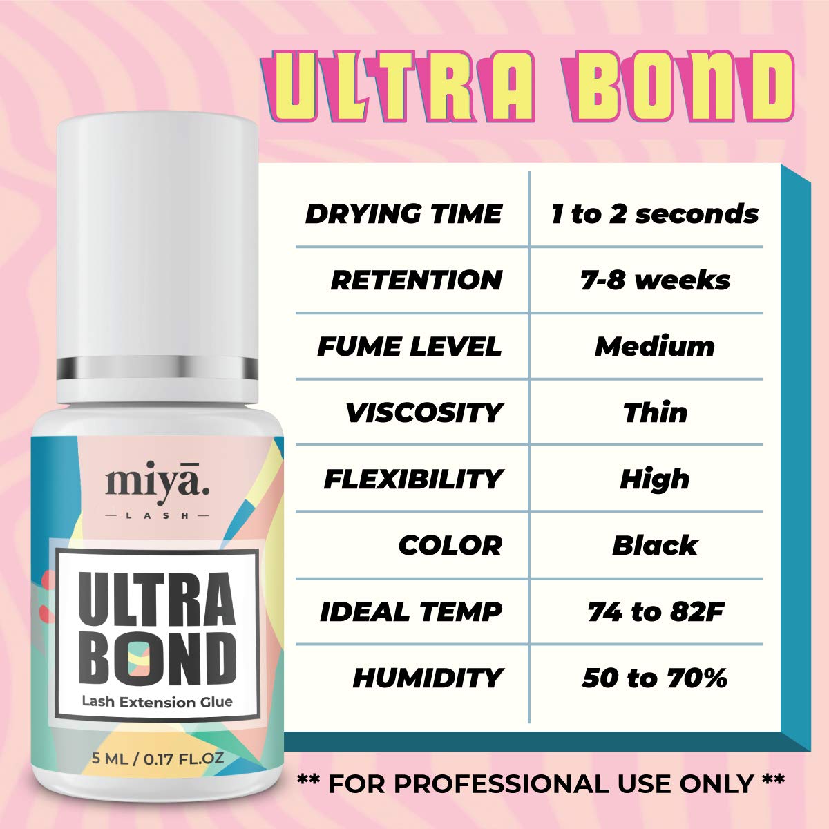 MIYA LASH Ultra Bond Eyelash Extension Glue | Professional Use | 8 Weeks Retention | 1-2 Sec Dry Time | Volume & Classic Individual Lash Adhesive | Super Strong Bond Lash Extension Glue 5ml Salon Use