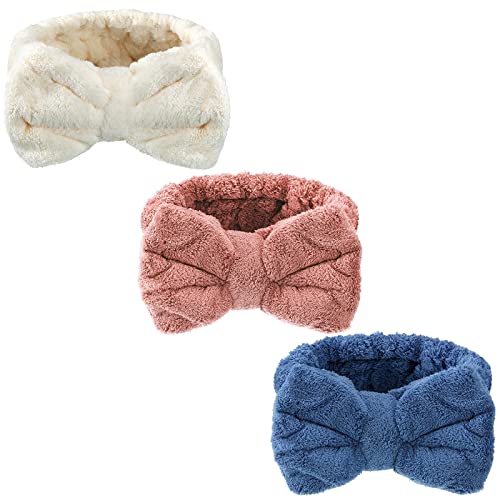 3 Pieces Towel Headbands for Women Makeup Headband for Washing Face Makeup Spa Headband, Microfiber Bowtie Shower Headband for Women(Pink, Blue, White)