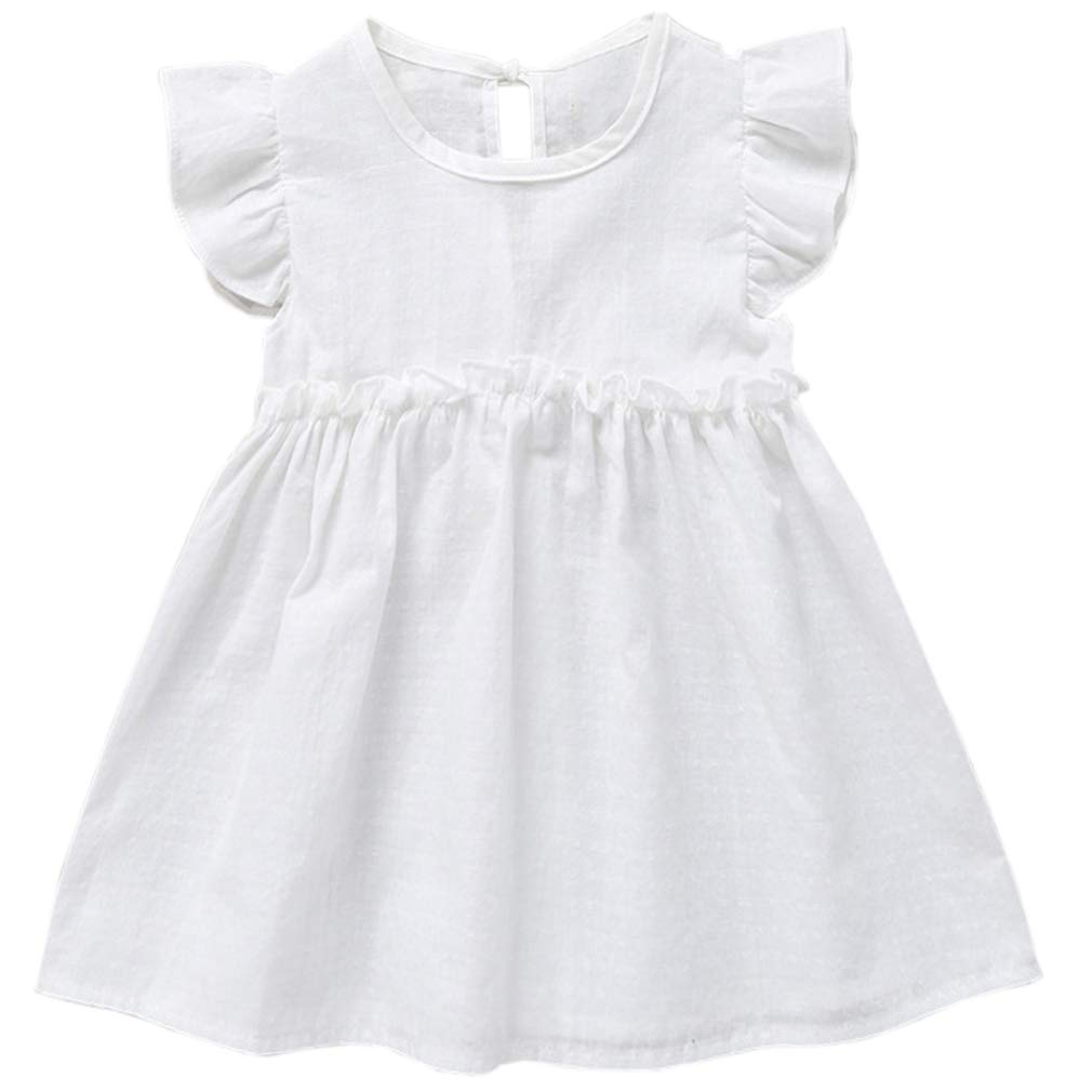 Niyage Baby Toddler Girls Cotton Flutter Sleeve Pleated Tunic Dress Swing Casual Playwear White 90