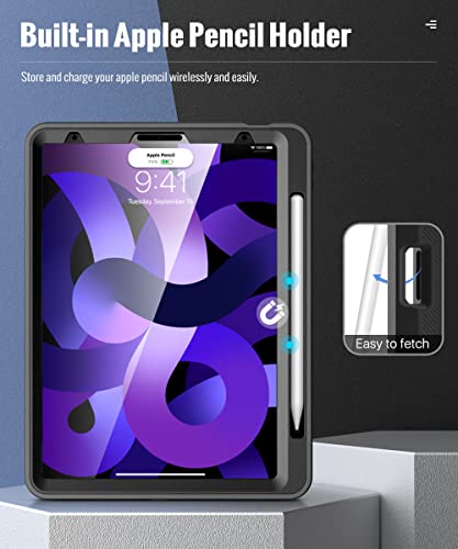 MoKo Case for iPad Air 5th Generation 2022/ iPad Air 4th Generation 2020 10.9 Inch with Pencil Holder, Kickstand, Built-in Screen Protector, Heavy Duty Shockproof Rugged Case for iPad Air 5/4,Black