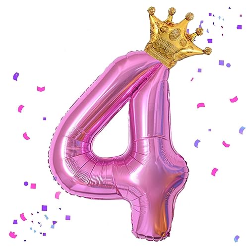 40 Inch Hot Pink Number 4 & Mini Crown Balloon for Birthday Party Decorations, 4th Birthday Party Decorations, Baby Shower Anniversary Balloons Decorations Supplies